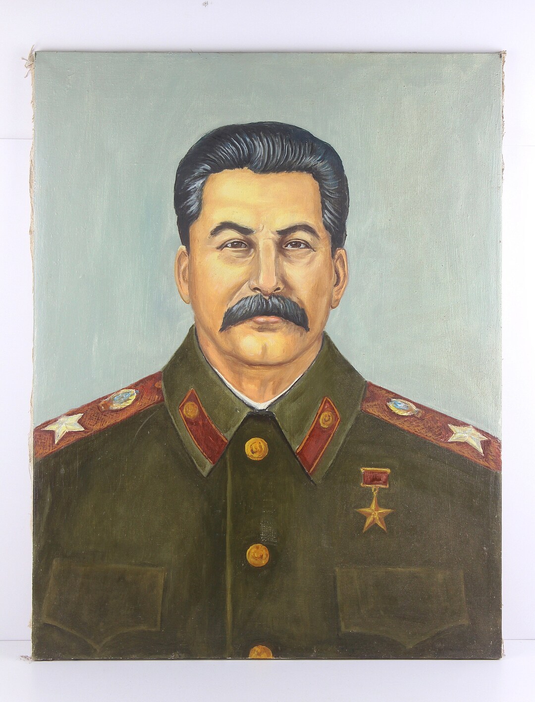 Soviet Vintage Portrait Oil on Canvas Generalissimo Soviet Army STALIN ...