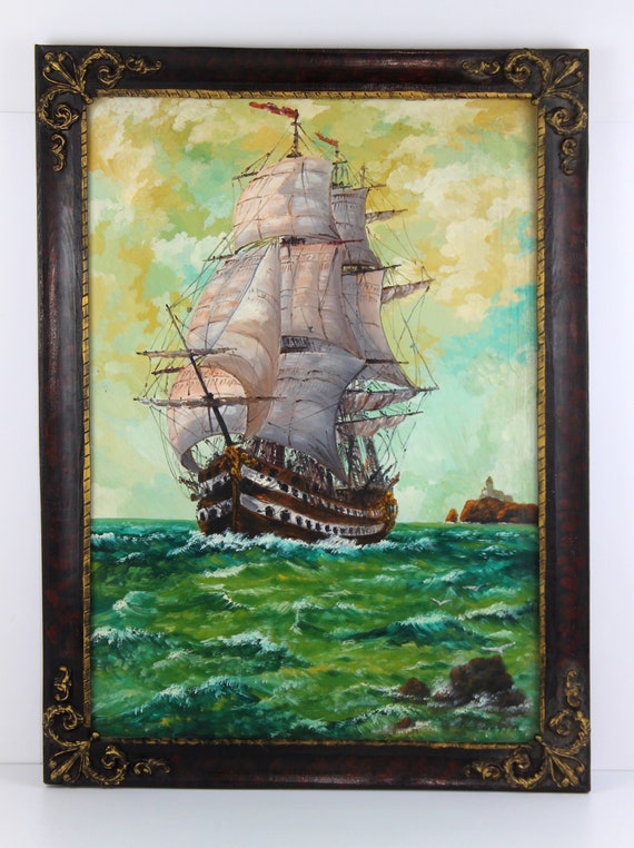 Soviet Oil painting on plywood Ship sailboat Picture with frame USSR ...