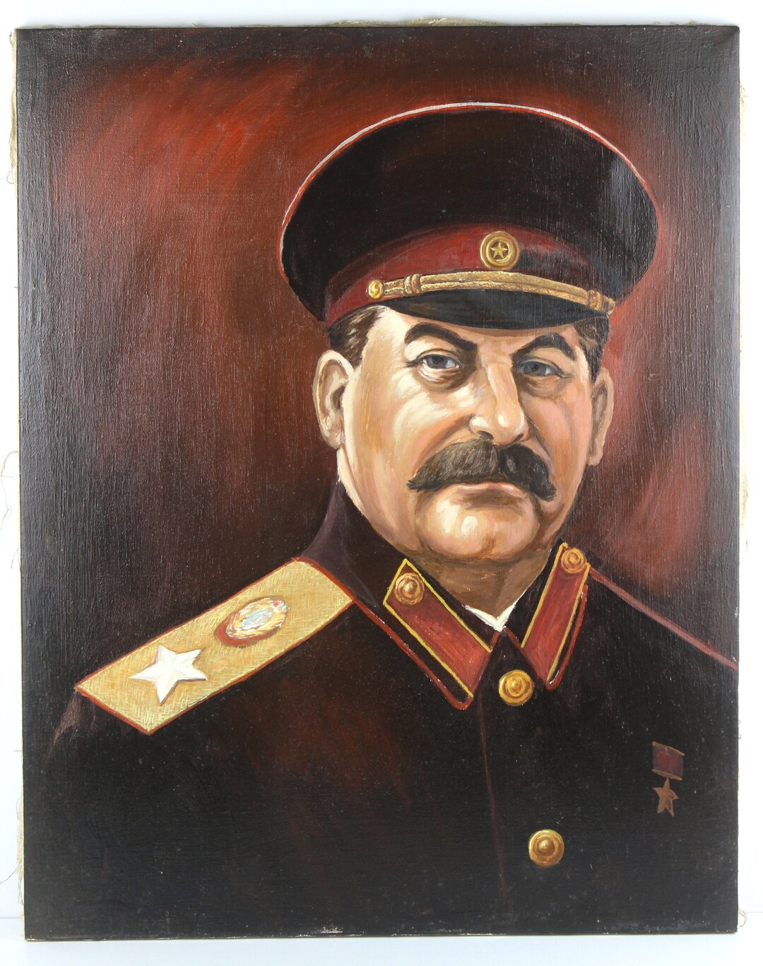 Soviet Vintage Portrait Oil on Canvas Generalissimo Soviet Army STALIN ...