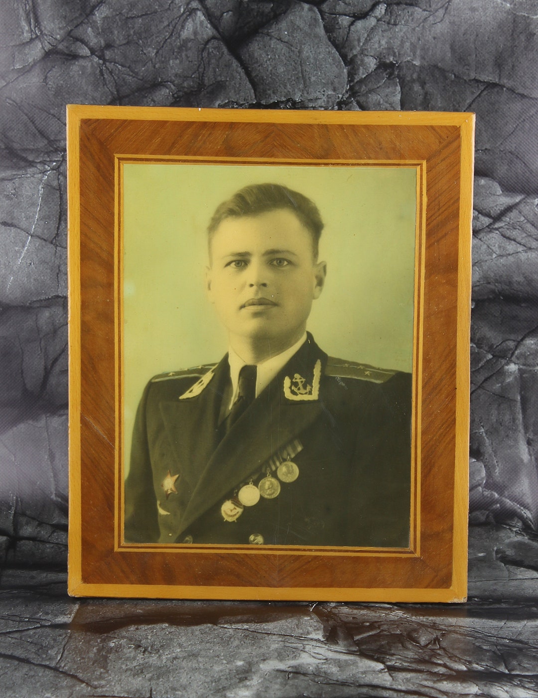 Soviet Vintage Portrait Photo Painting on Wood Navy Captain USSR Red ...