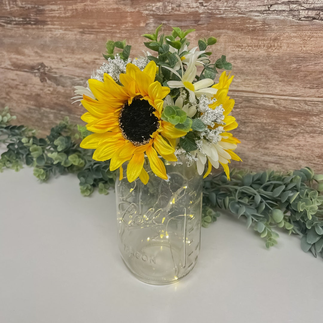 Sunflower Mason Jar Table Decor | Wedding Centerpiece | Fairy Lights ...