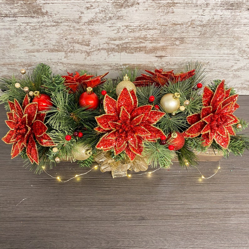 Poinsettia Christmas Centerpiece: Rustic Pine Tray Winter Decor - Etsy