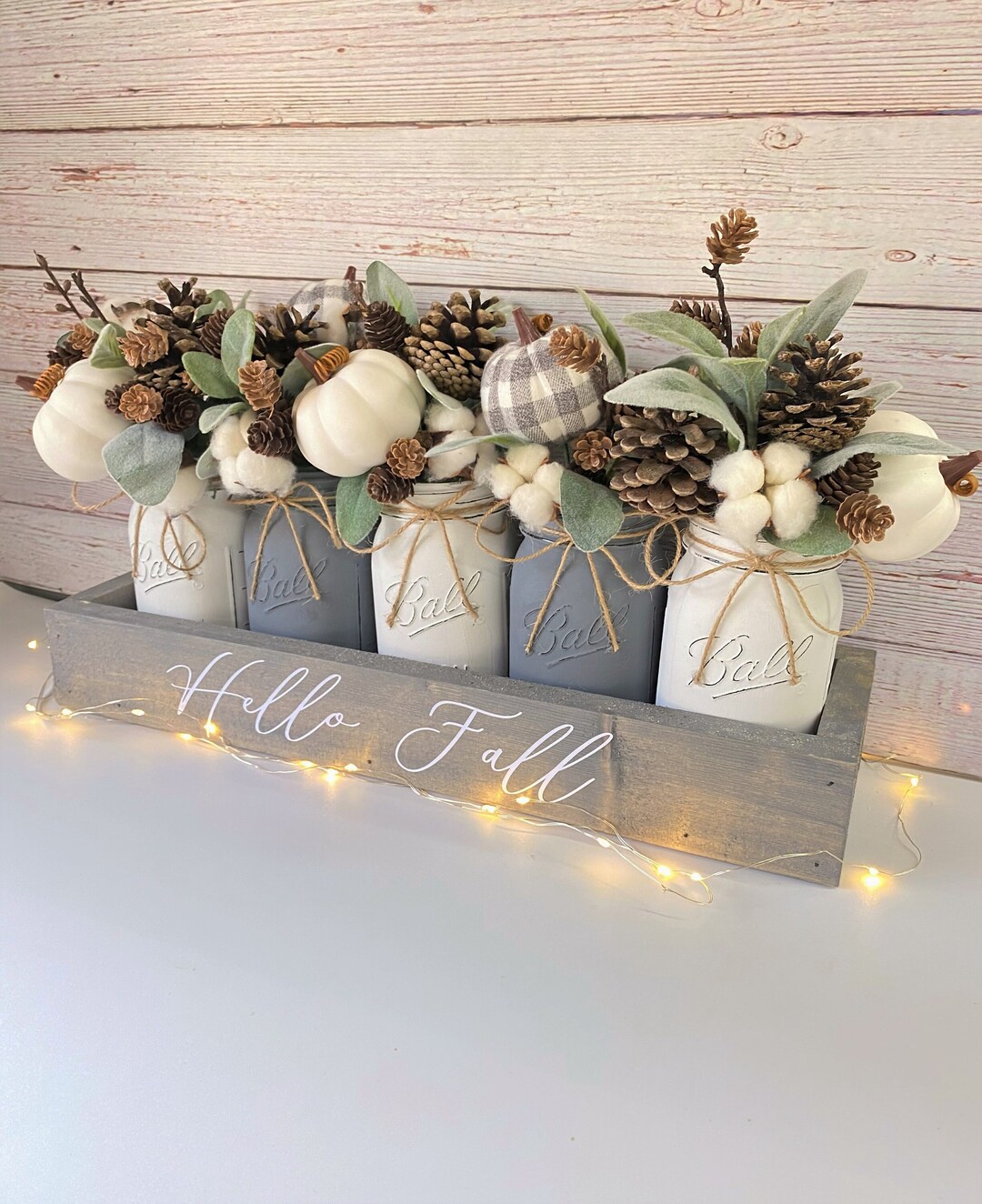 Rustic Fall Mason Jar Centerpiece: Buffalo Plaid Pumpkins & Pinecones ...