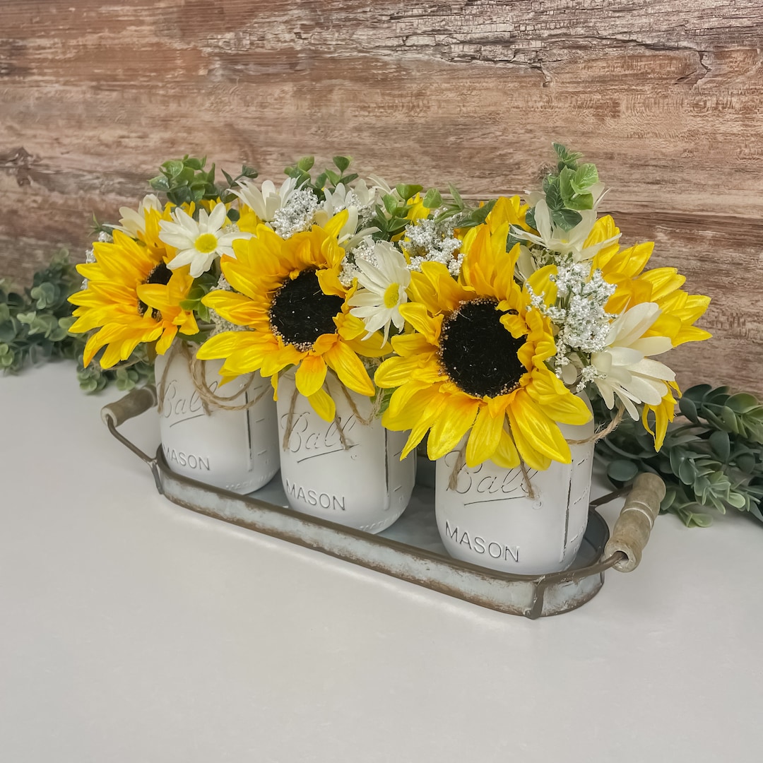 Sunflower Mason Jar Floral Arrangement | Farmhouse Decor | Rustic ...