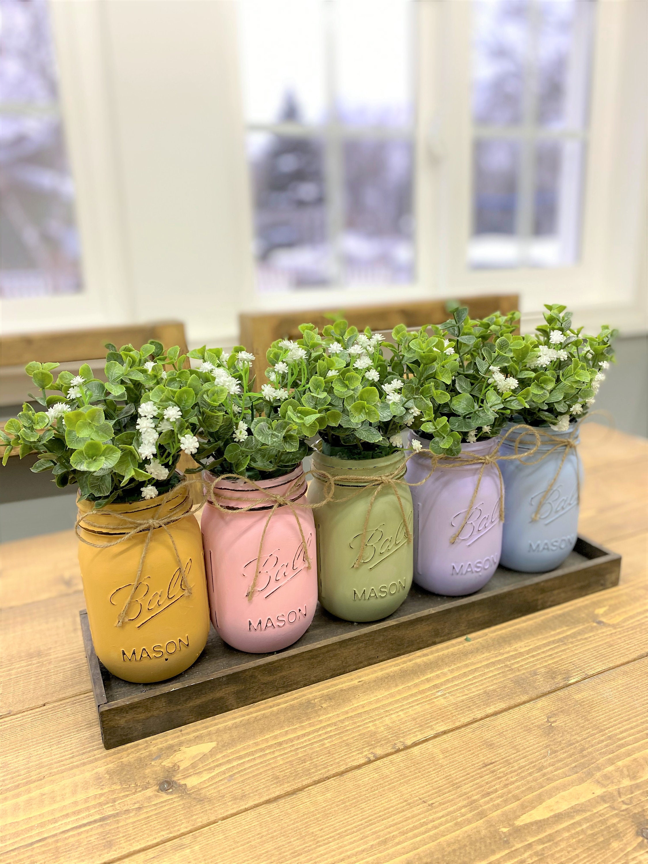 Painted Mason Jar Spring Centerpiece: Eucalyptus & Baby's Breath - Etsy