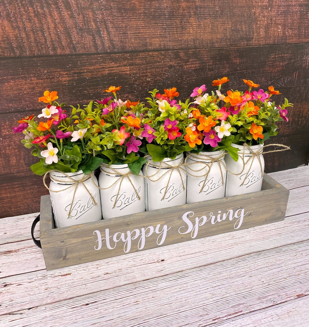Spring Wildflower Mason Jar Centerpiece: Painted Jars, Wood Tray - Etsy