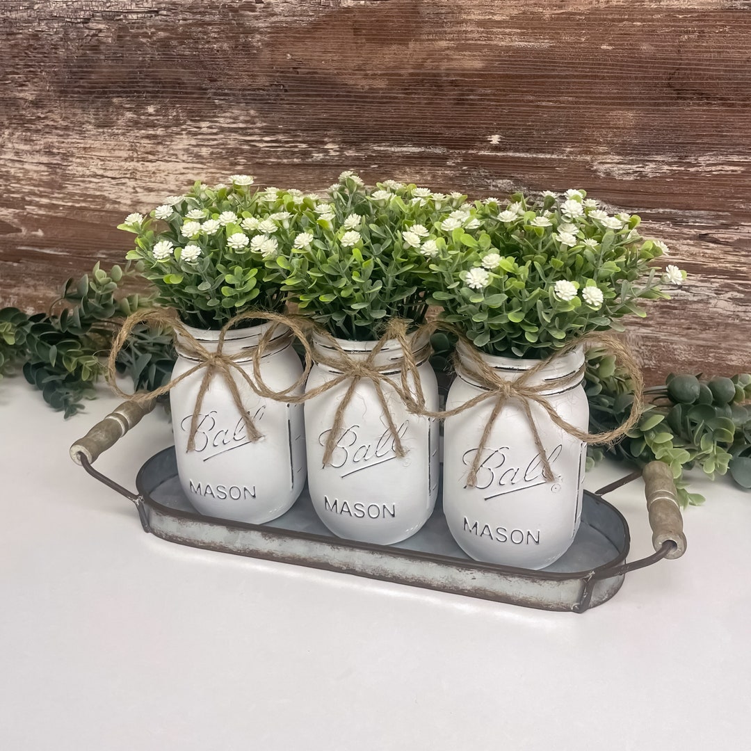 Farmhouse Mason Jar Table Centerpiece | Kitchen Decor | Rustic Greenery ...
