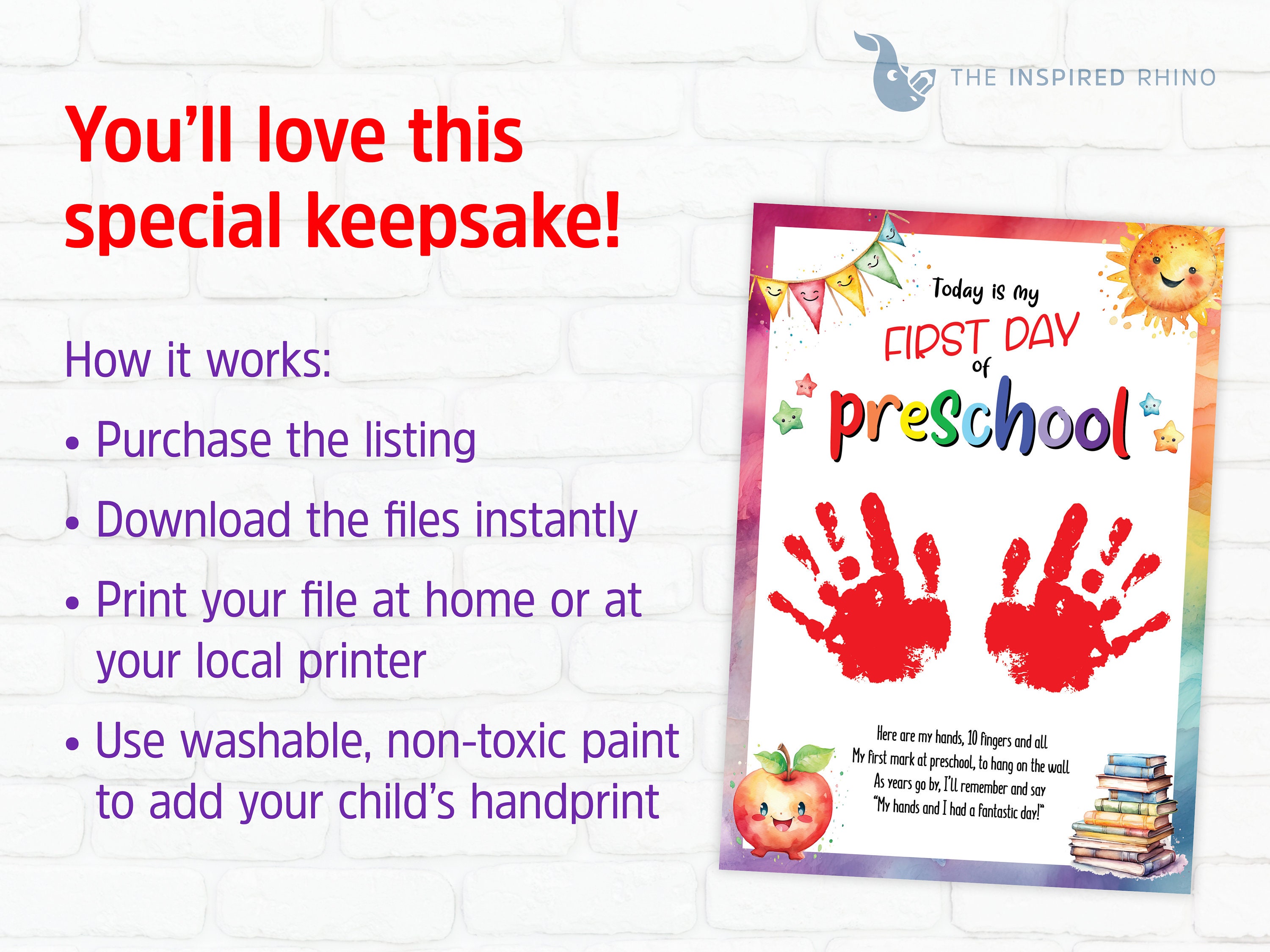 My First Day of Preschool Handprint Art Poem Digital Print Preschool ...