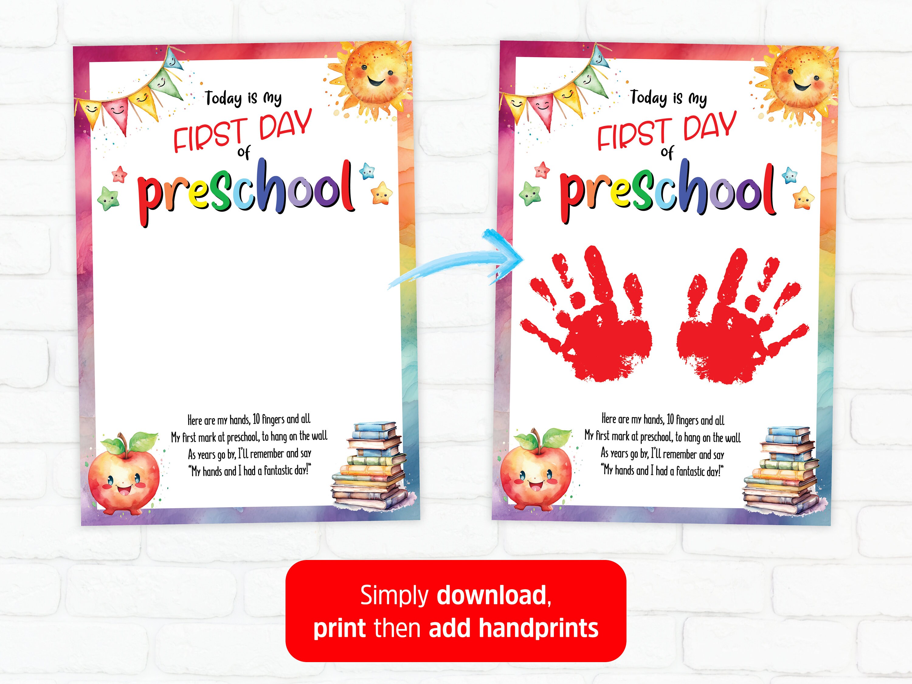 My First Day of Preschool Handprint Art Poem Digital Print Preschool ...