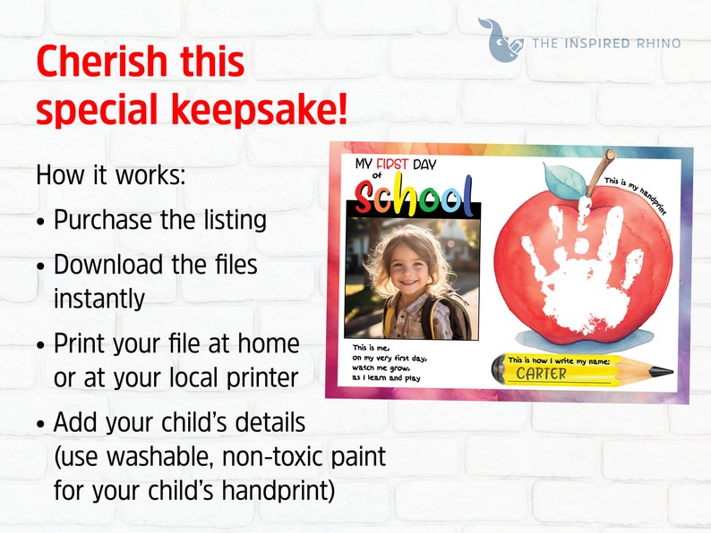 My First Day of School Handprint Art Poem Digital Print Preschool Craft ...