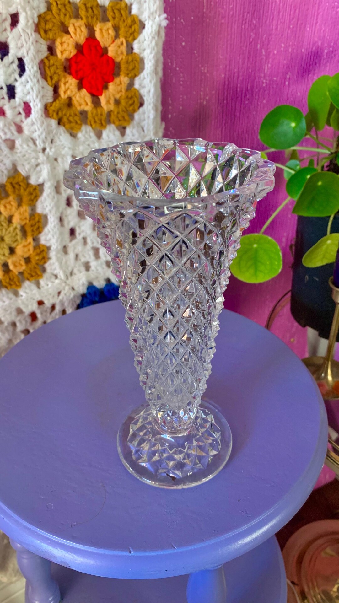 Vintage Crystal Diamond Cut Glass Vase - Etsy