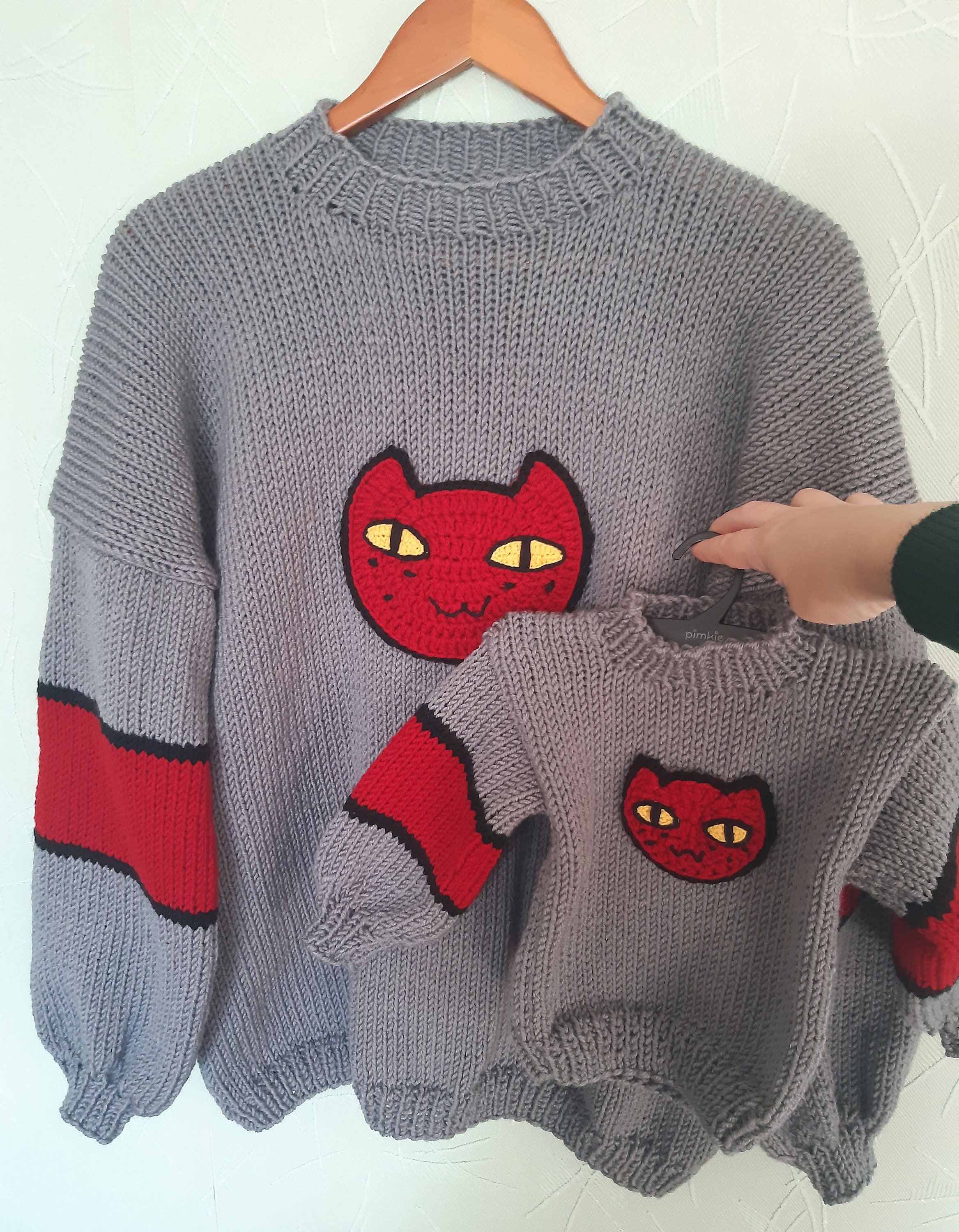 Grey Cat Knit Pullover – Cozy Handmade Unisex Sweater, Bold Cartoon ...