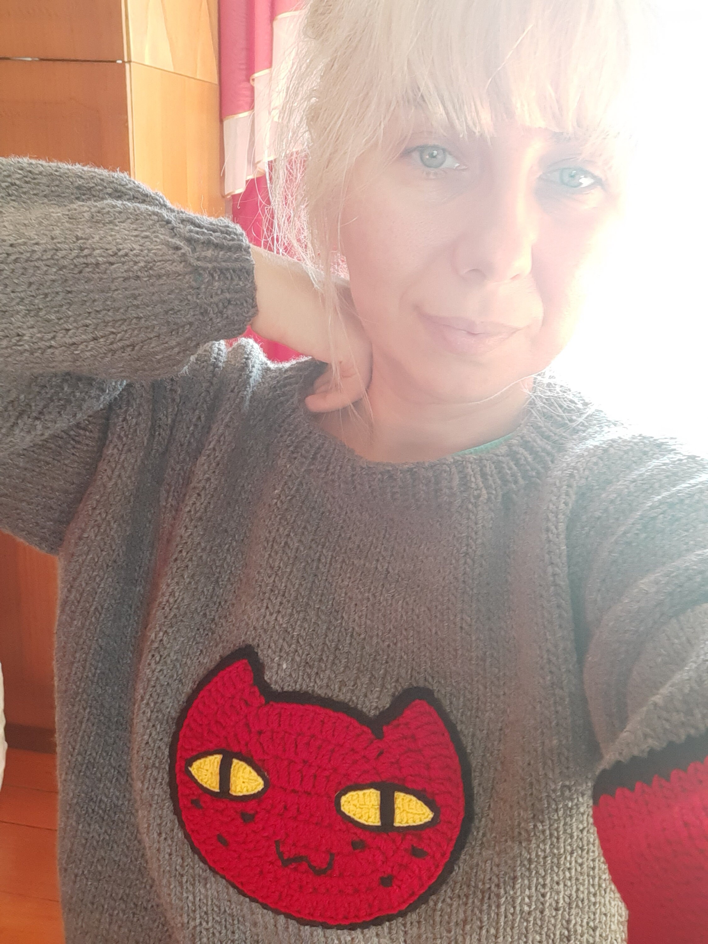 Grey Cat Knit Pullover – Cozy Handmade Unisex Sweater, Bold Cartoon ...