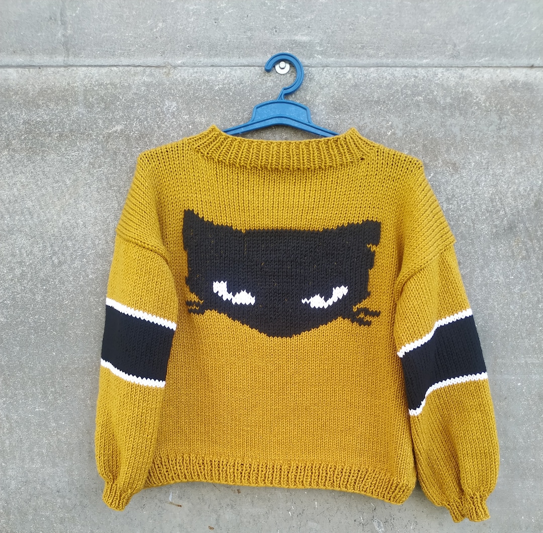 Handmade Knit Black Cat Face Sweater - Customizable Wool Blend Jumper ...