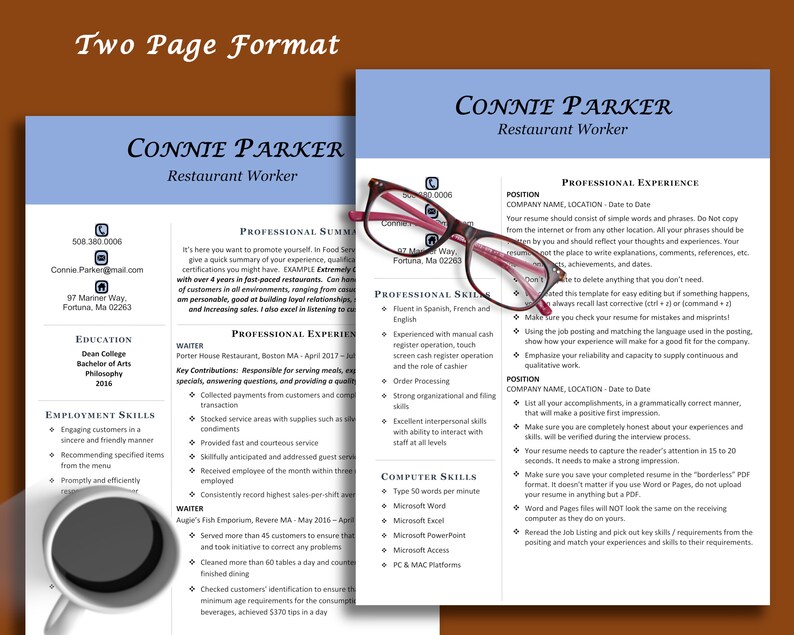Restaurant Resume Template: Waiter, Server CV With Examples (instant ...