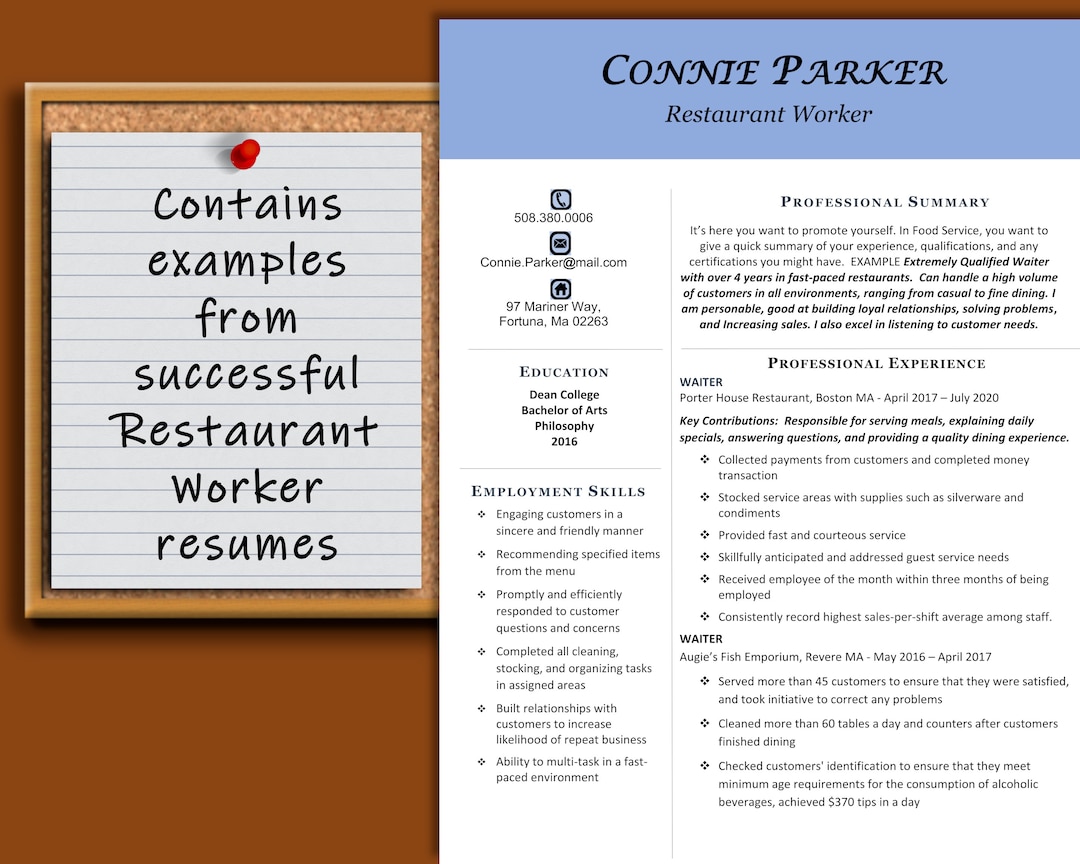 Restaurant Worker / Waiter / Server Resume Template W Successful Real ...