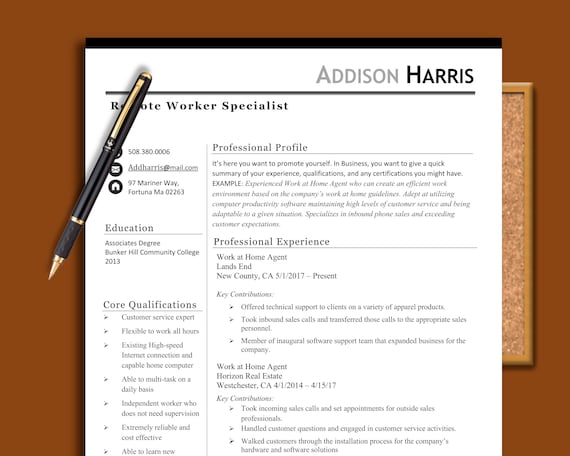 Remote Worker/Work From Home Specialist Resume Template with | Etsy