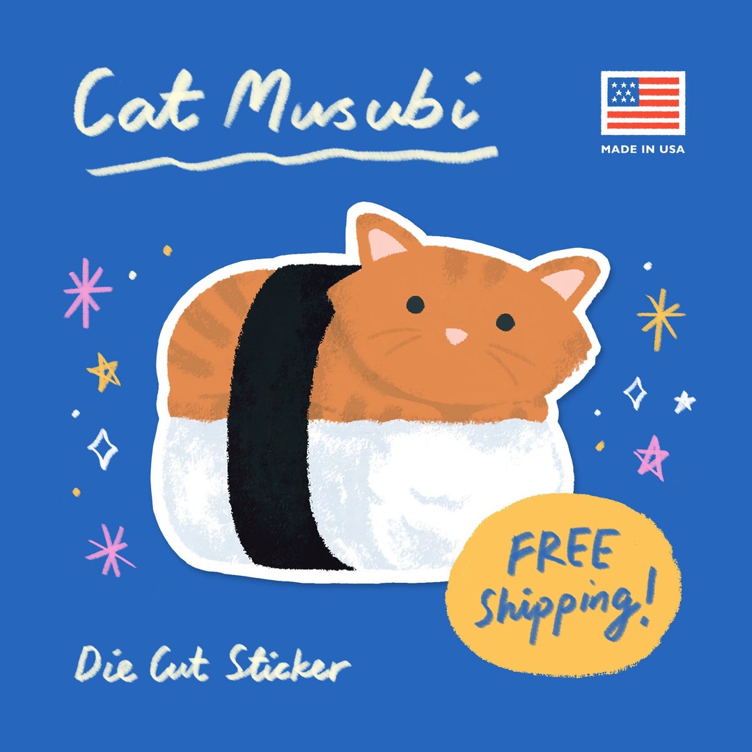 Musubi Cute Cat Sticker, Kawaii Animals Cat Sushi Food Stickers Asian ...