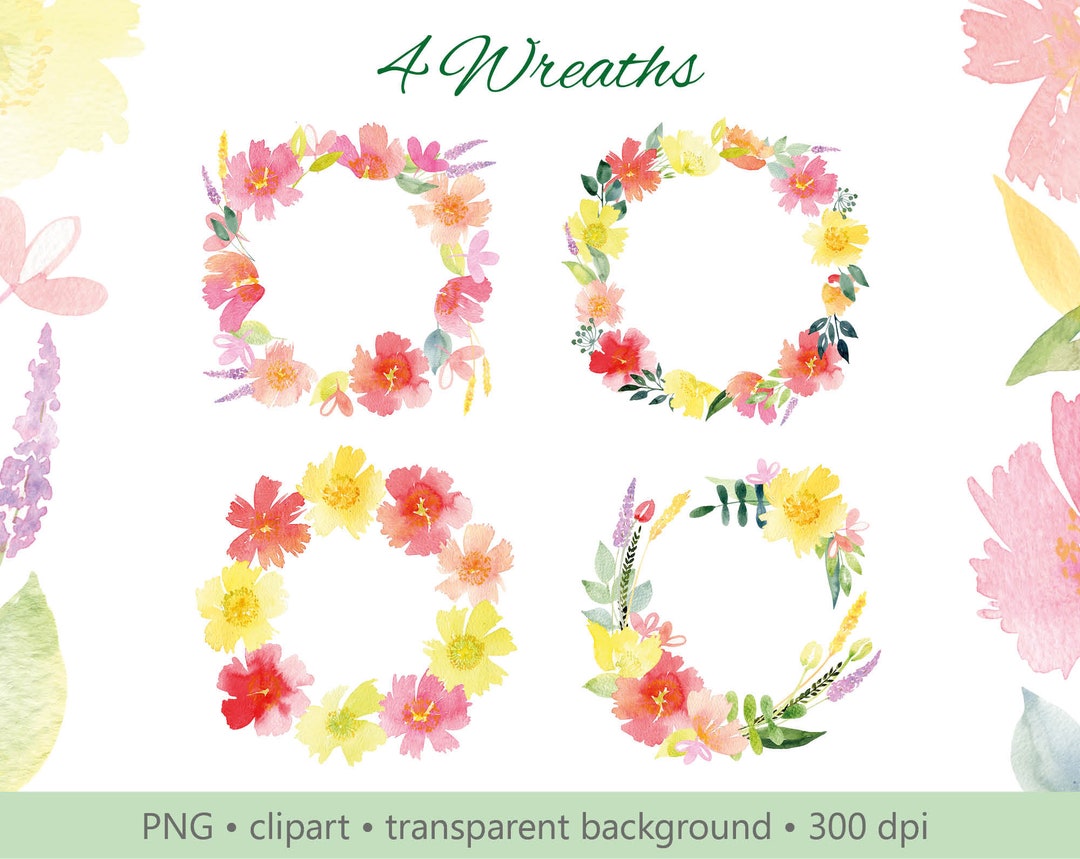 Watercolor Floral Wreath Clipart Set, Watercolor Flower Wreath, Summer ...
