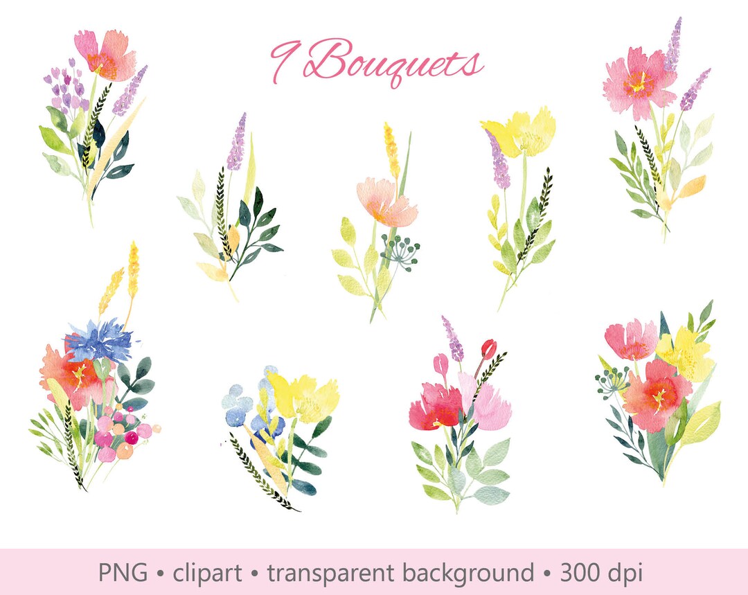 Watercolor Floral Clipart Set, Summer Clipart, Watercolor Bouquet ...
