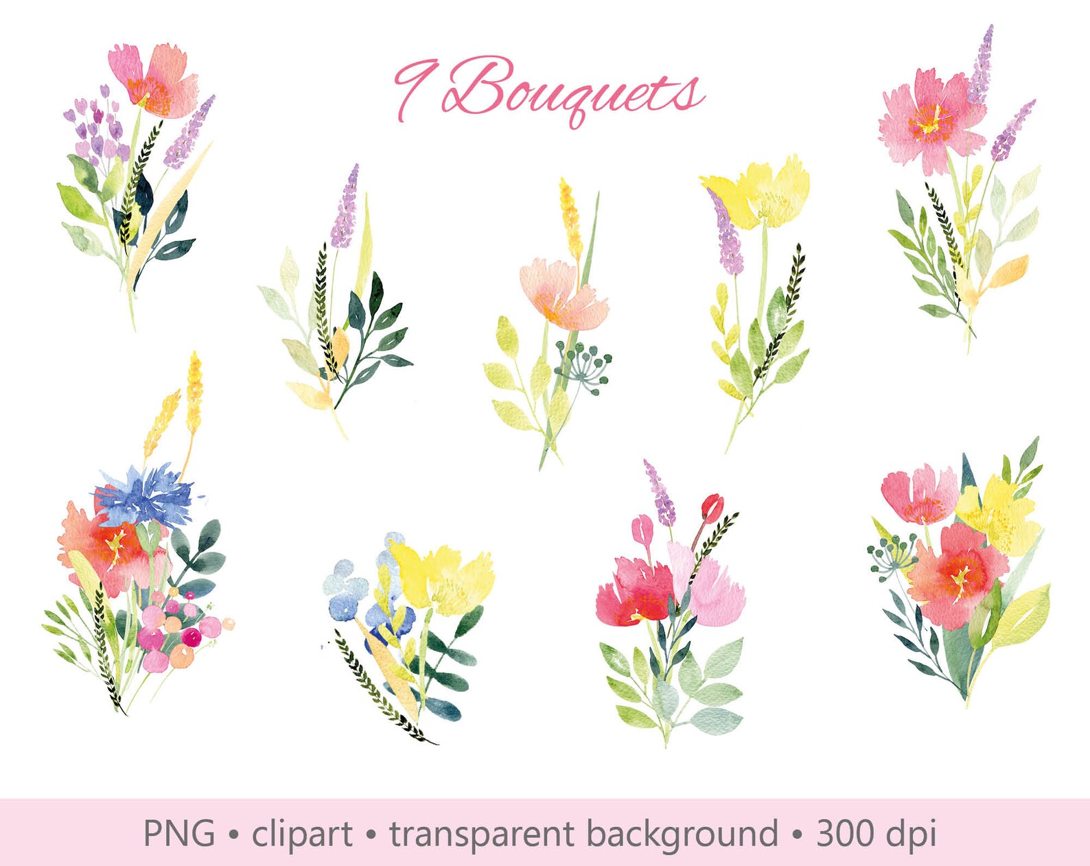 Watercolor Floral Clipart Set, Summer Clipart, Watercolor Bouquet ...