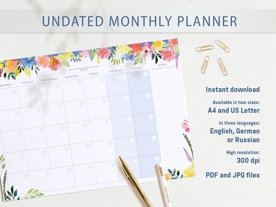 Printable undated monthly planner monthly calendar | Etsy