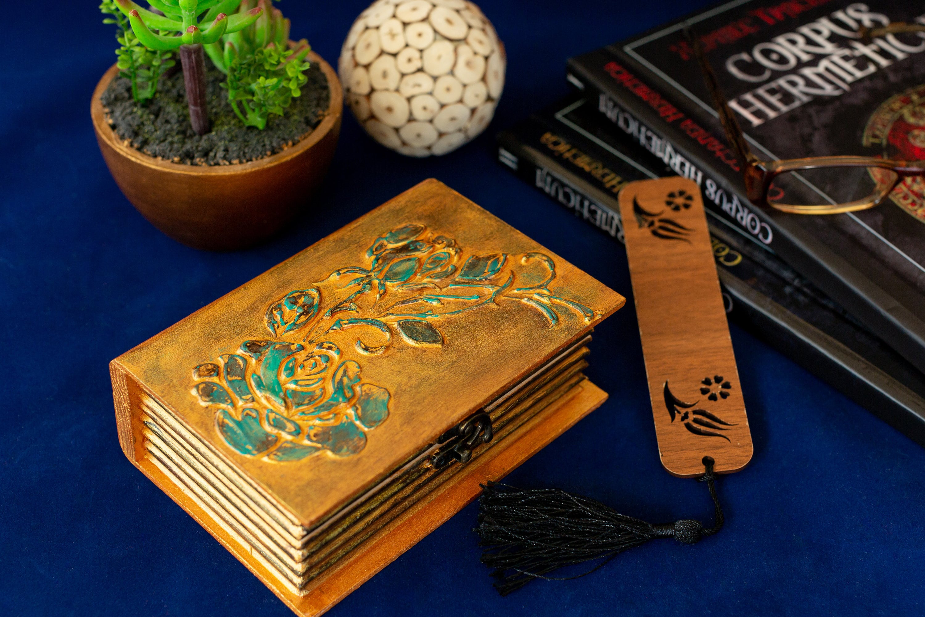 Unique Wooden Book-like Box in Golden Colour With Embossed Structure of ...