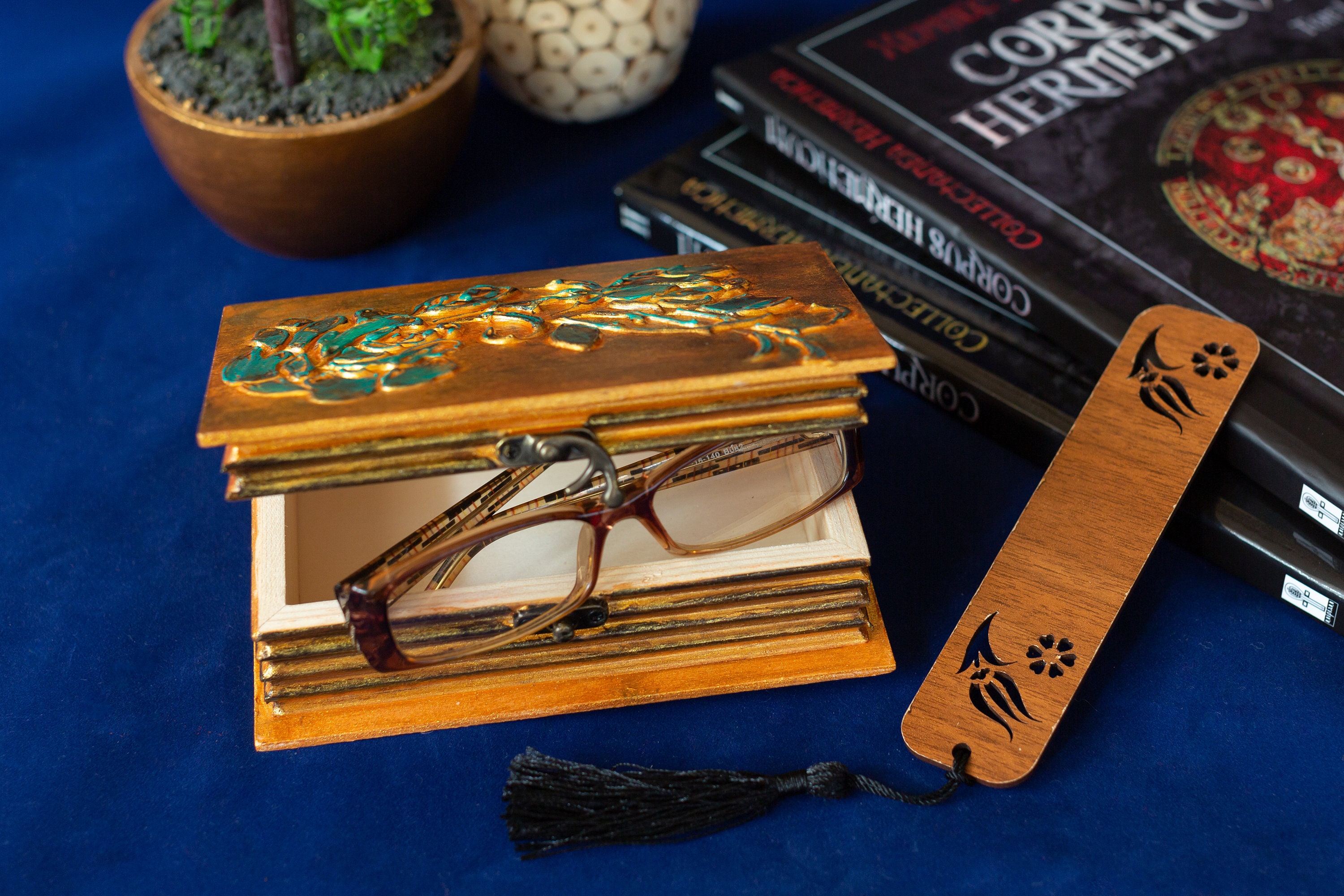 Unique Wooden Book-like Box in Golden Colour With Embossed Structure of ...