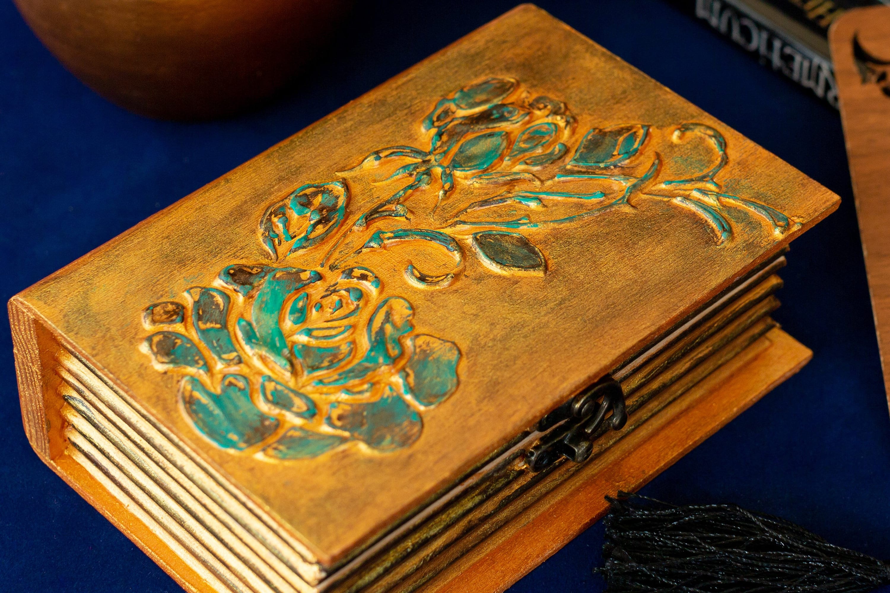 Unique Wooden Book-like Box in Golden Colour With Embossed Structure of ...