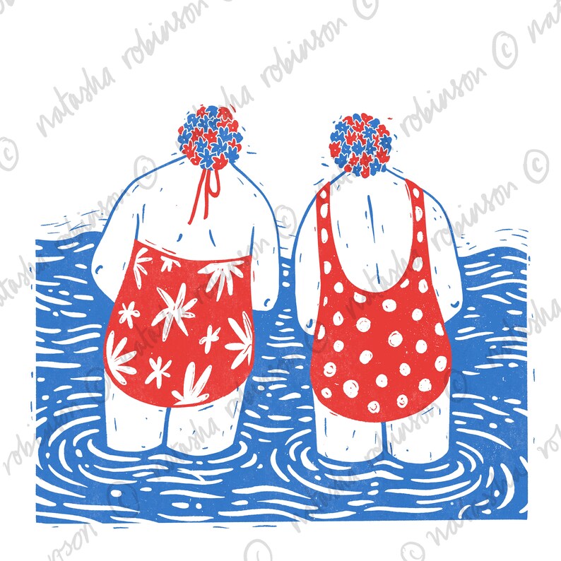 Wild Swimming Ladies Square Lino Style Art Illustration Print | Etsy UK