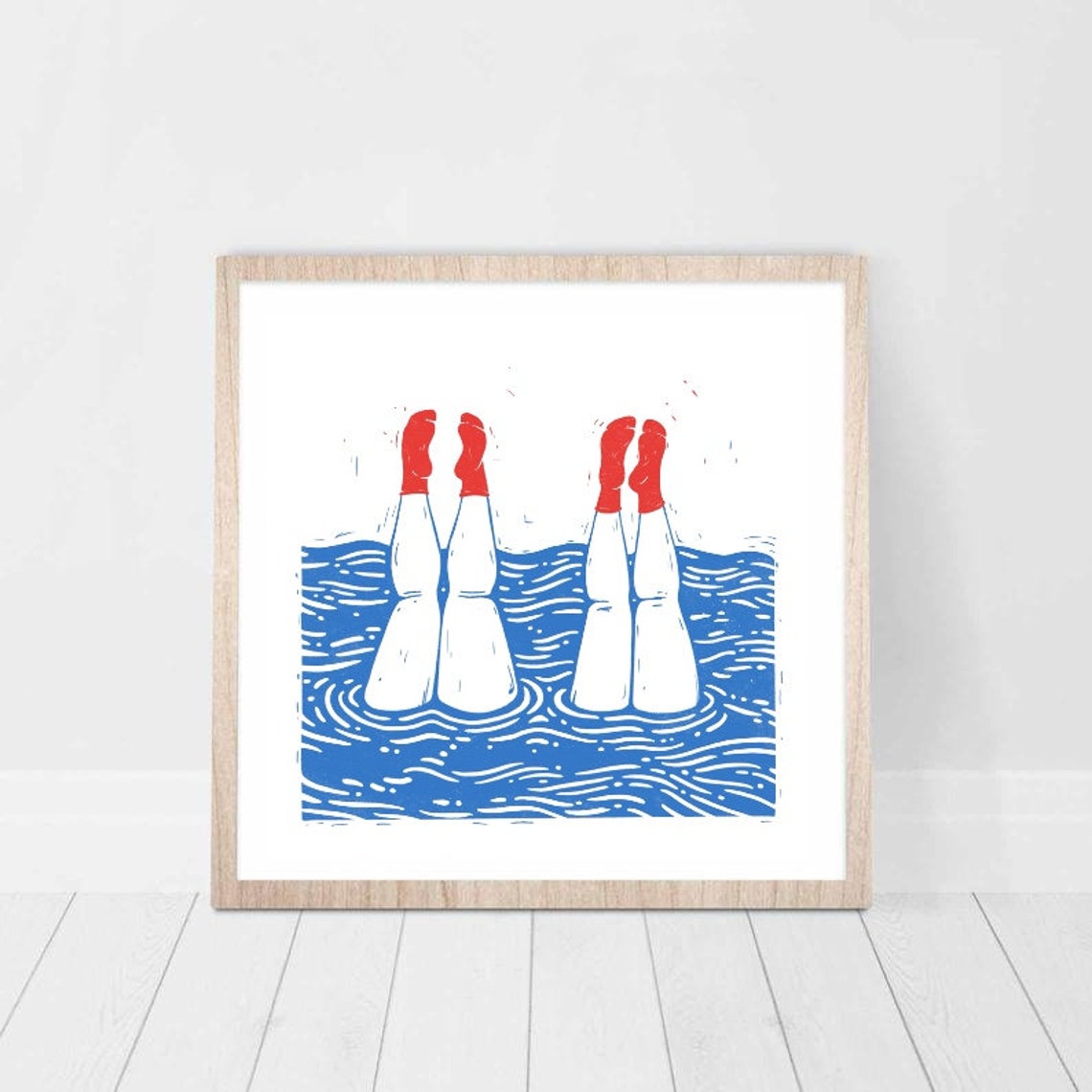 Handstand Wild Swimming Ladies Square Lino Style Art Illustration Print ...