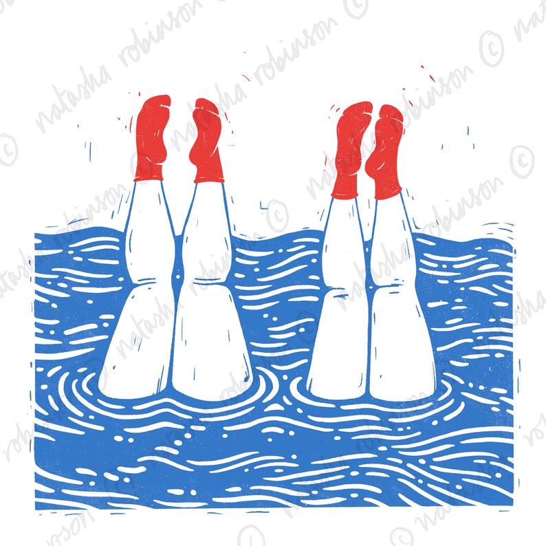 Handstand Wild Swimming Ladies Square Lino Style Art - Etsy