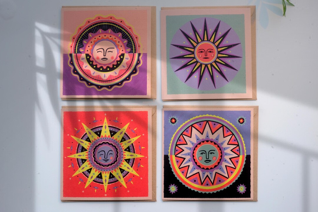 Sun Collection | Pack of 4 Art Greetings Cards | Bright Colourful Fun ...