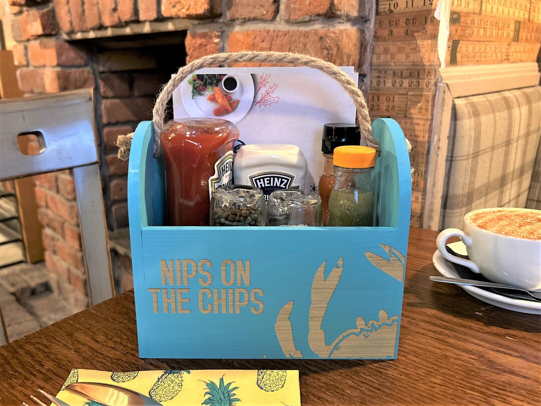 Condiment Caddy Rope Handle Table Branded Bright Blue Stain Restaurant ...