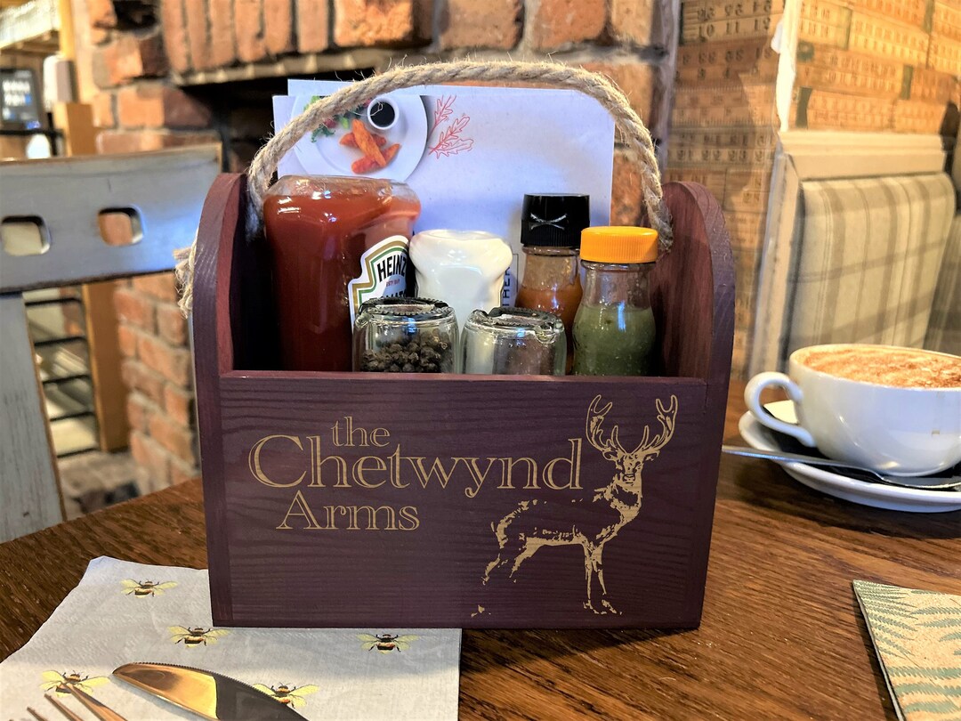 Condiment Caddy Rope Handle Table Branded Damson Stain Restaurant Café ...