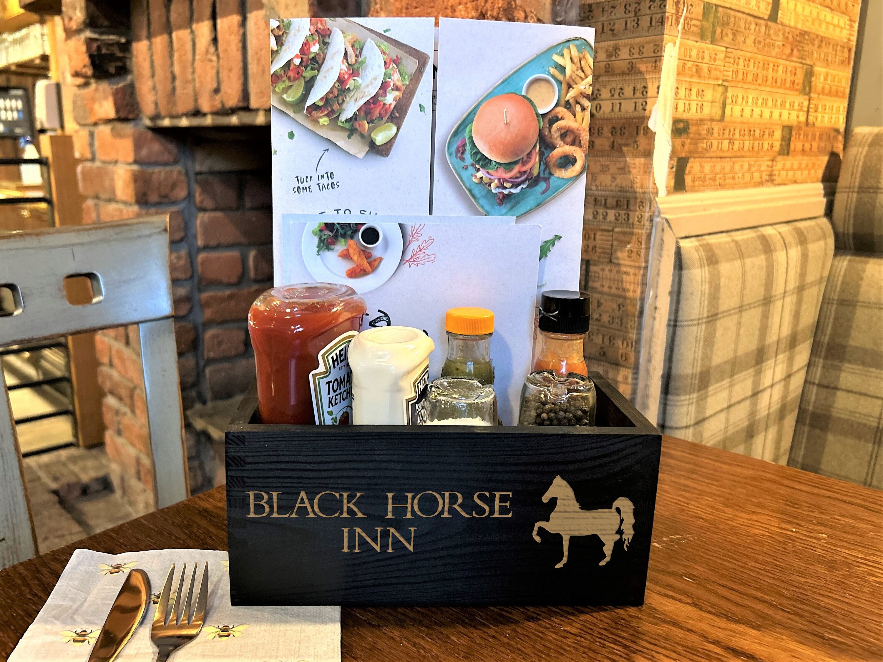 Branded Condiment Caddy: Black Stained Pine Wood Restaurant Table ...