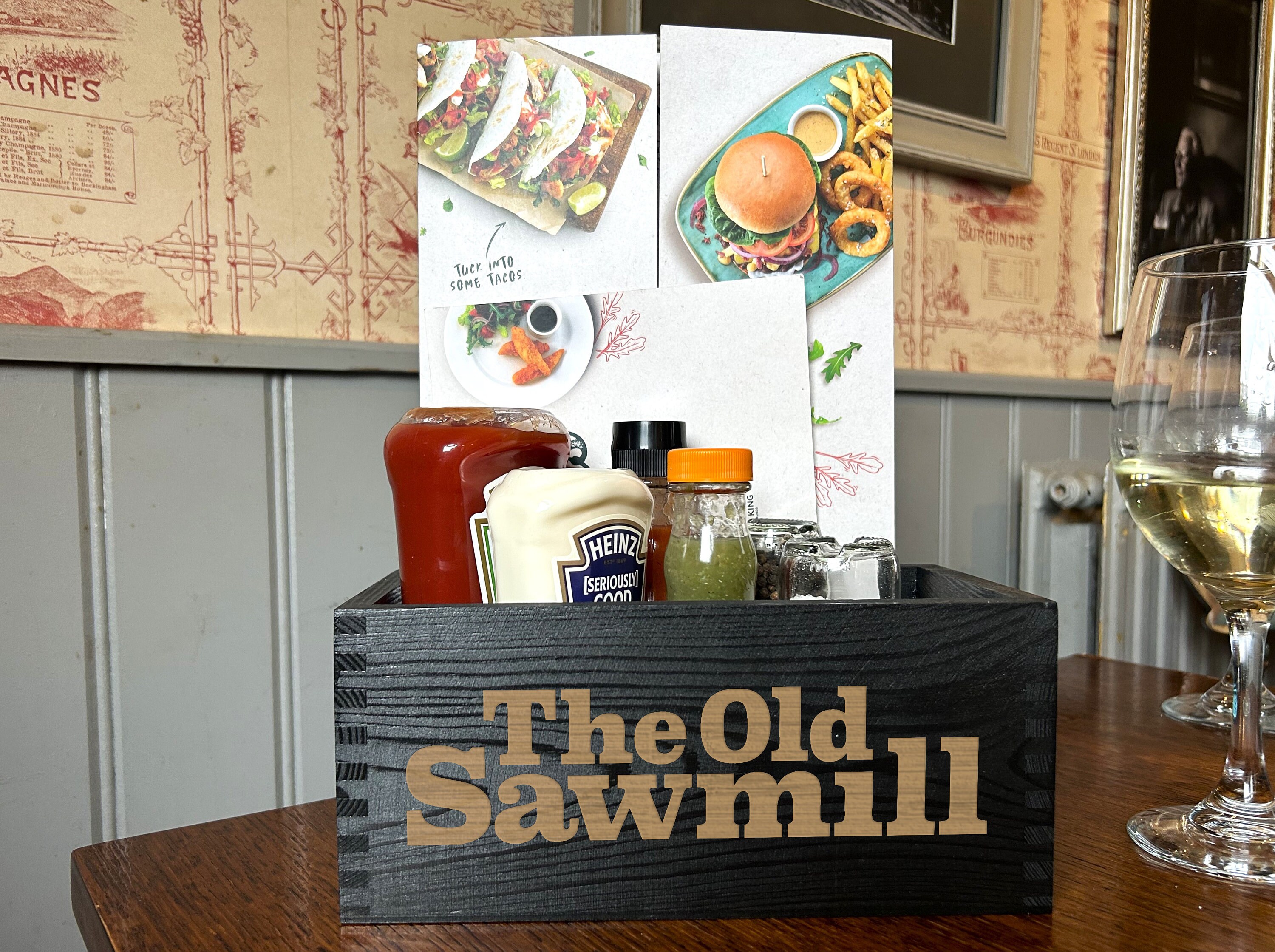 Branded Condiment Caddy: Black Stained Pine Wood Restaurant Table ...