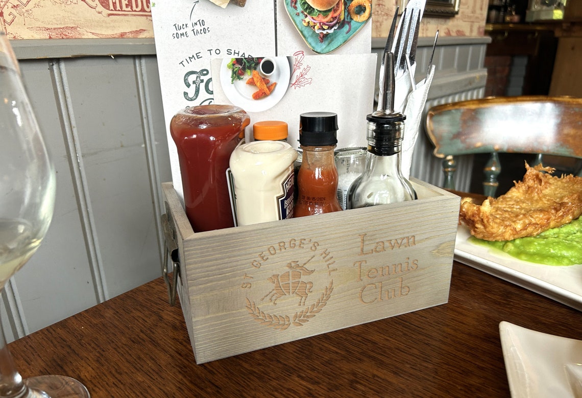 Branded Condiment Holder Caddy: Grey Wash Pine Wood Restaurant Table ...