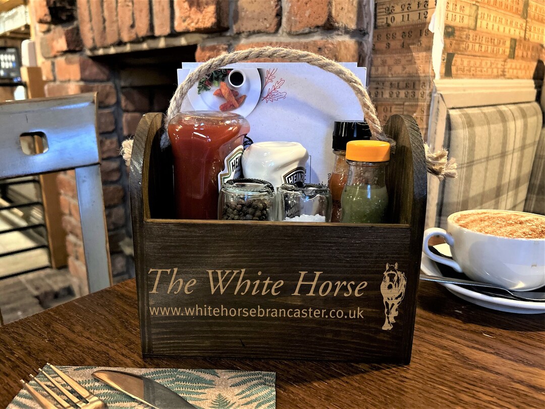 Branded Restaurant Condiment Caddy: Dark Stained Oak With Rope Handle ...