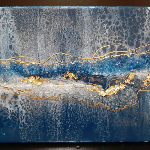 Acrylic Geode Painting blue and Gold Nugget | Etsy