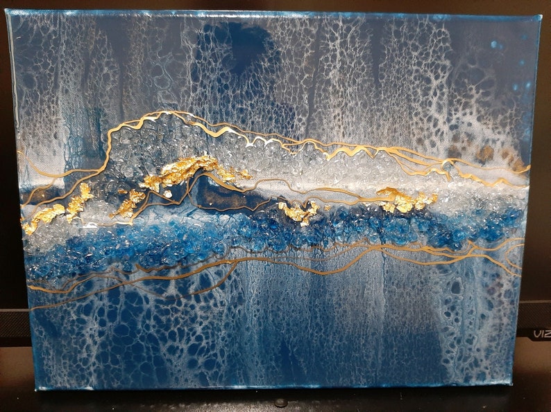 Acrylic Geode Painting Blue and Gold Nugget | Etsy