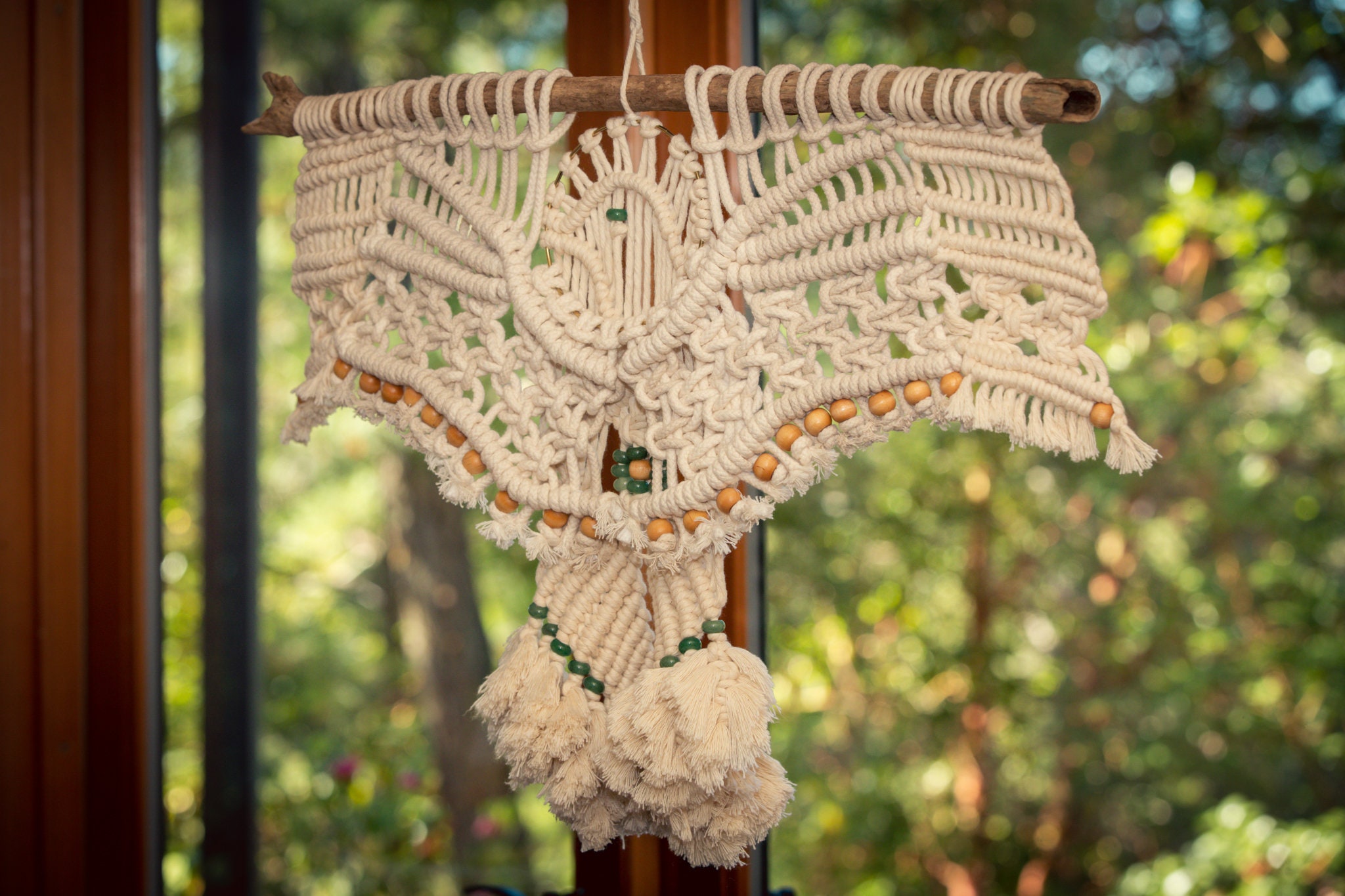 Macrame Bird Wall Art With Green Aventurine Crystals and Wood Beading ...