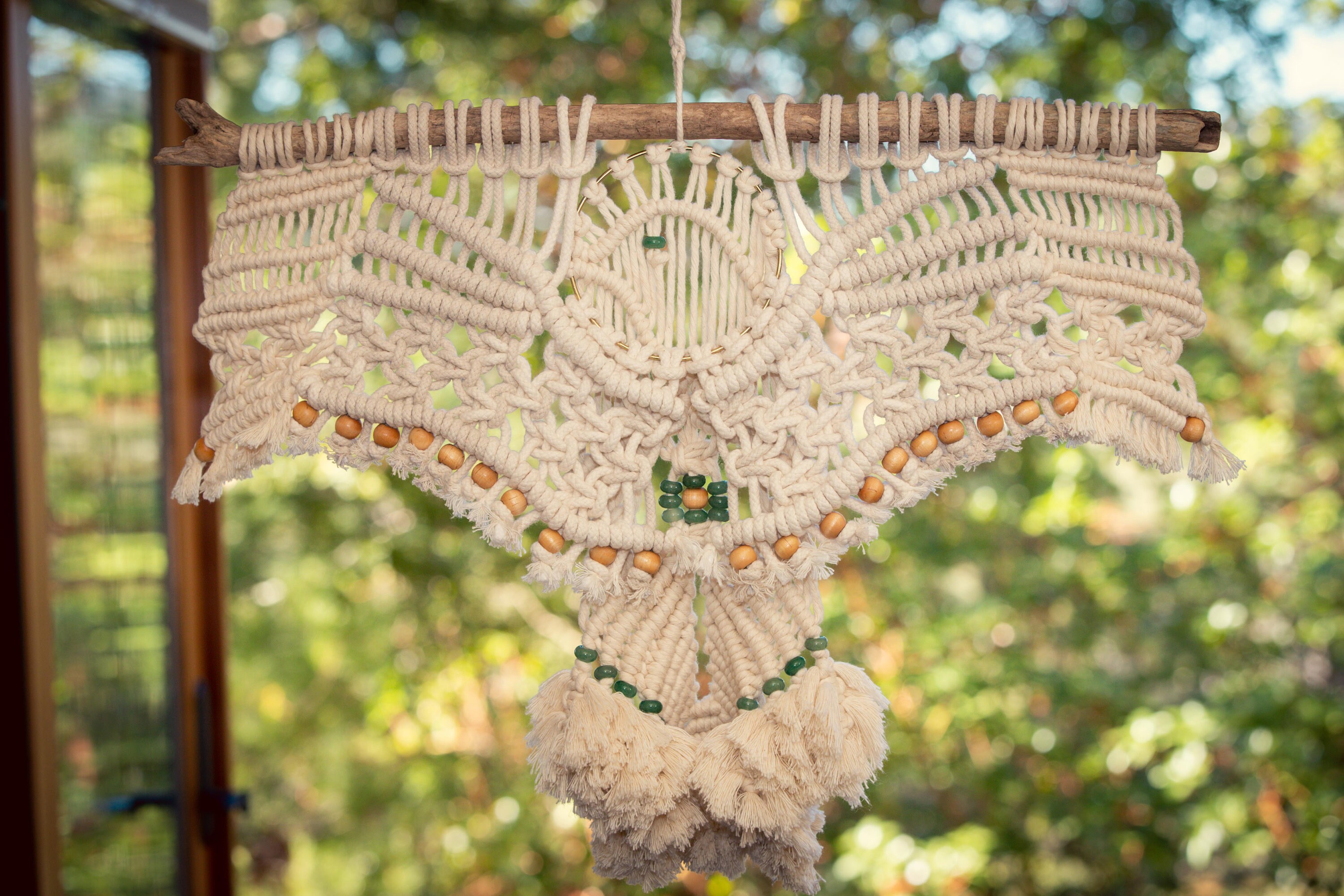 Macrame Bird Wall Art With Green Aventurine Crystals and Wood Beading ...