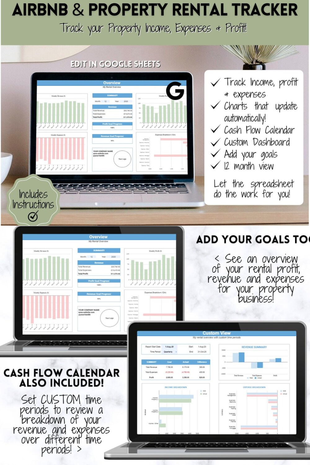 Airbnb & Property Rental Tracker | Airbnb Profit and Loss Spreadsheet ...