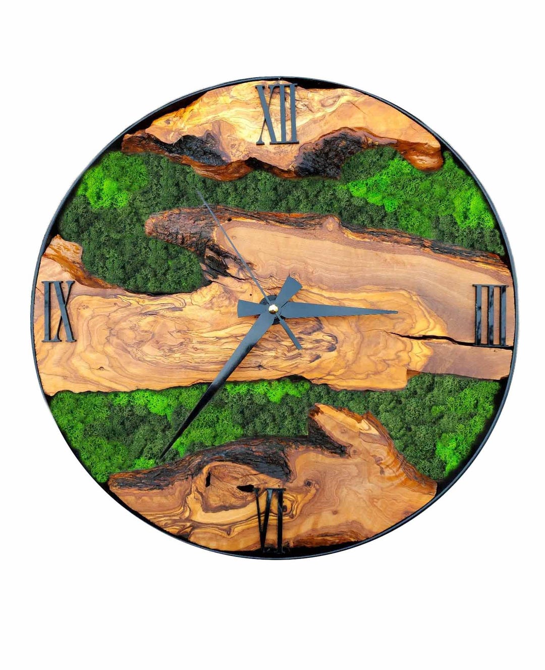 Moss Wall Clock, Handcrafted Moss & Olive Wood Wall Clock | Rustic ...