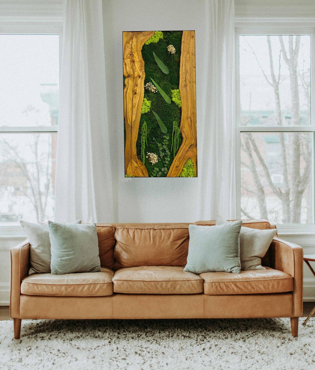 Natural Wood Moss Wall Art Vertical Greenery Panel, Rustic Wooden Decor ...