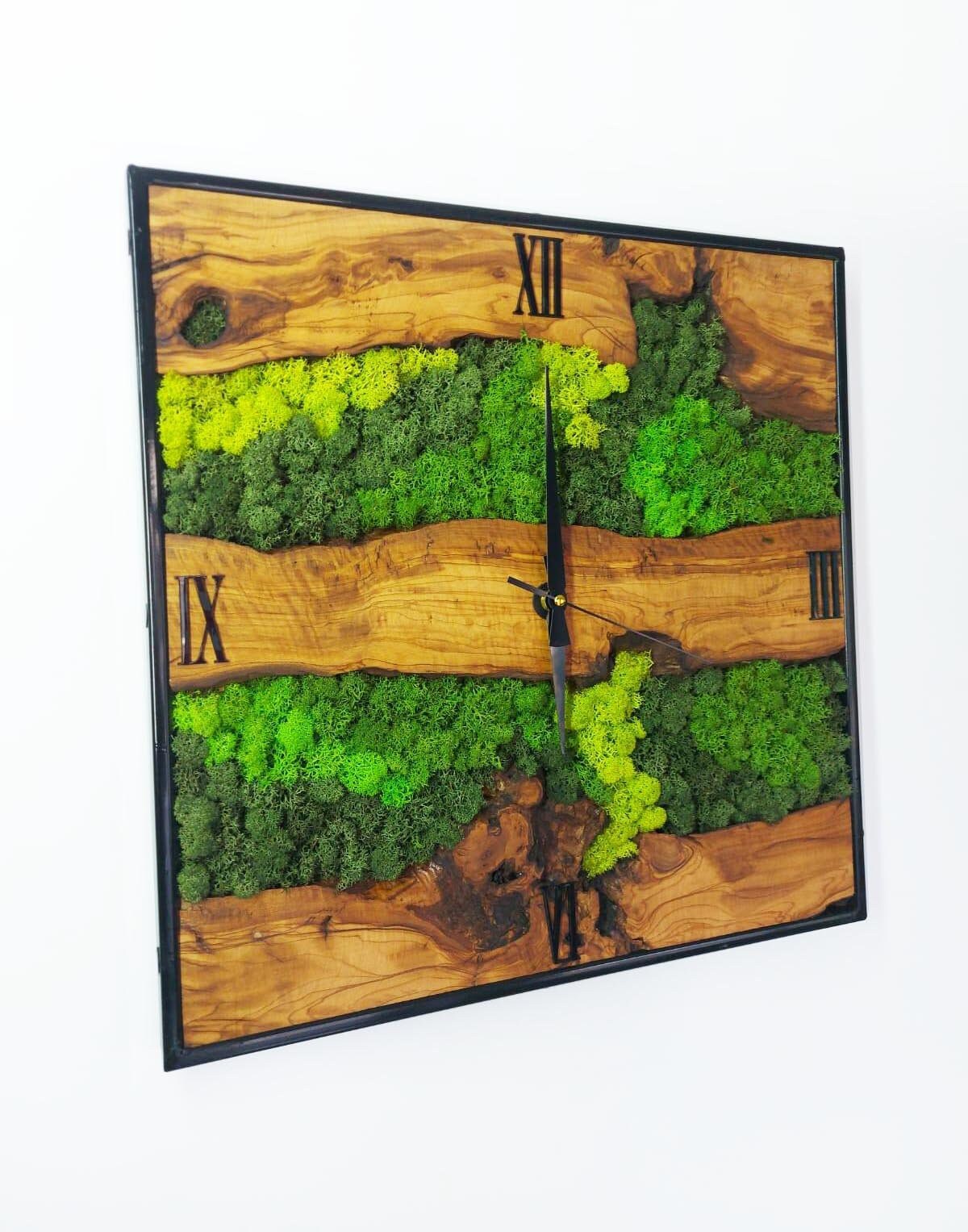 Olive Wood Moss Wall Clock 2020 Inch, Preserved Moss Art Framing, Wood ...