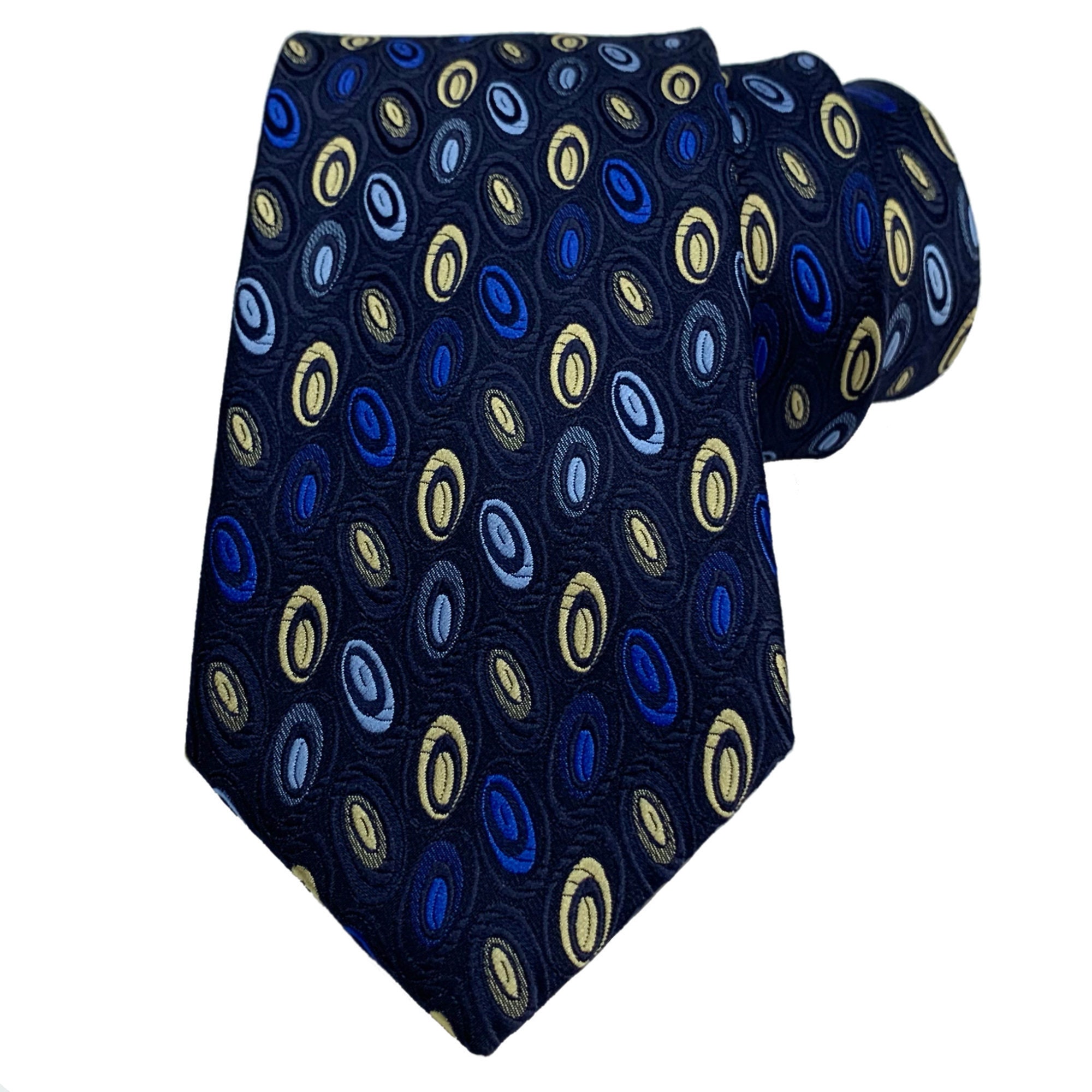 Dark Blue, Sax Blue, Yellow and Blue Ellipse Patterned Tie - Etsy