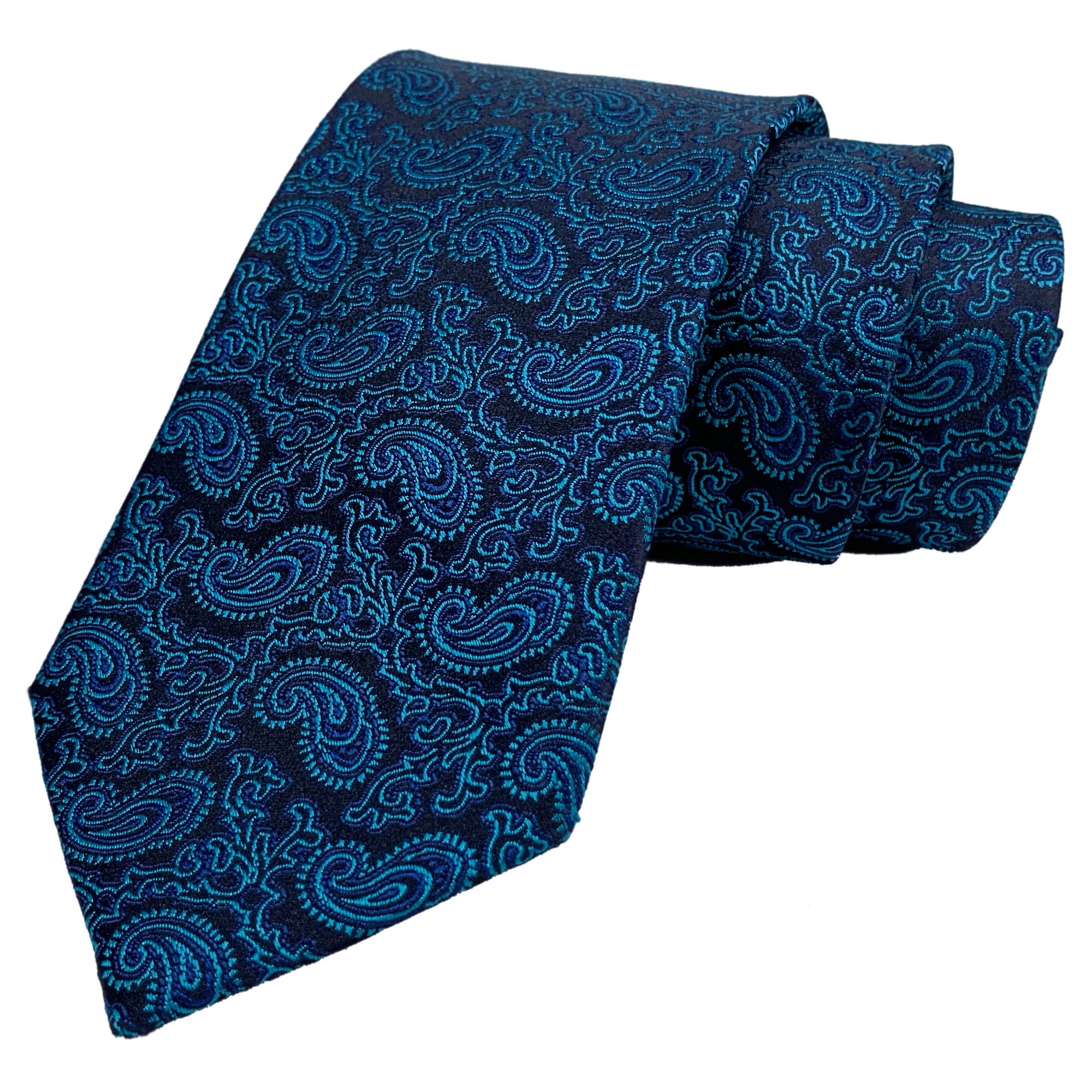 Dark Blue, Sax Blue, Turquoise Blue Shawl Pattern Floral Tie 3.15 8cm ...