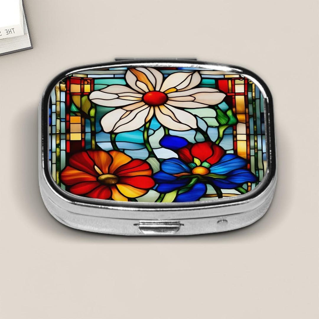 Stained Glass Look Floral Square Small Pill Box, Gift for Mom ...